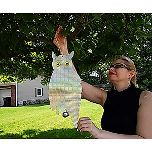 Home-X Guard Owl Decoy for Yard, Reflective Bird Deterrent Decoration with Bells