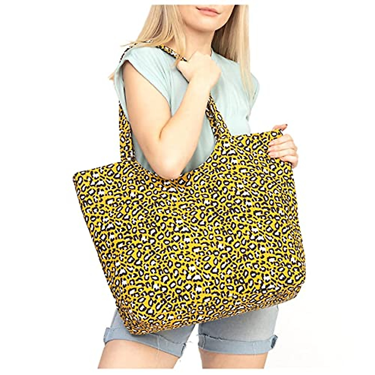 RIAH FASHION Boho Rattan Crochet Straw Woven Basket Bali Handbag - Round Circle Crossbody, Large Shopper Beach Tote Bag (Oversized Tote - Leopard Mustard)