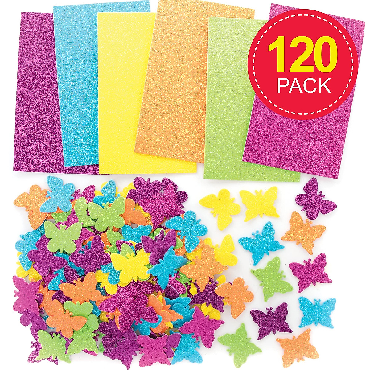Baker Ross FE153 Butterfly Glitter Foam Stickers - Pack of 120, Kids Stickers, Ideal for Children's Arts and Crafts Projects, Great for Card Making and Scrapbook Supplies