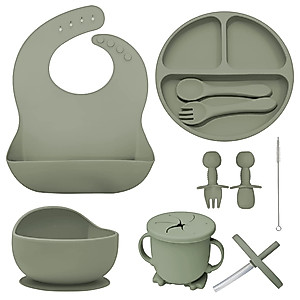 10 Piece Baby Feeding Set | 100% Food Grade Silicone | Non Slip | Self Feeding Utensils | Led Weaning Supplies | Microwave and Dishwasher Safe