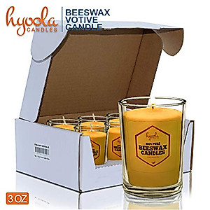 Pure Beeswax Votive Candles, 6 Pack – Yellow Unscented Decorative Candle for Party Centerpieces, Home Decor and Dinner Parties – Long Lasting Burn Time, Clear Glass Cup, 3 oz – by Hyoola