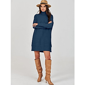 ANRABESS Women's Oversized Turtleneck Sweater Dress Pullover Batwing Sleeve Split Hem Tunics Fall Casual Short Dresses Dark Blue