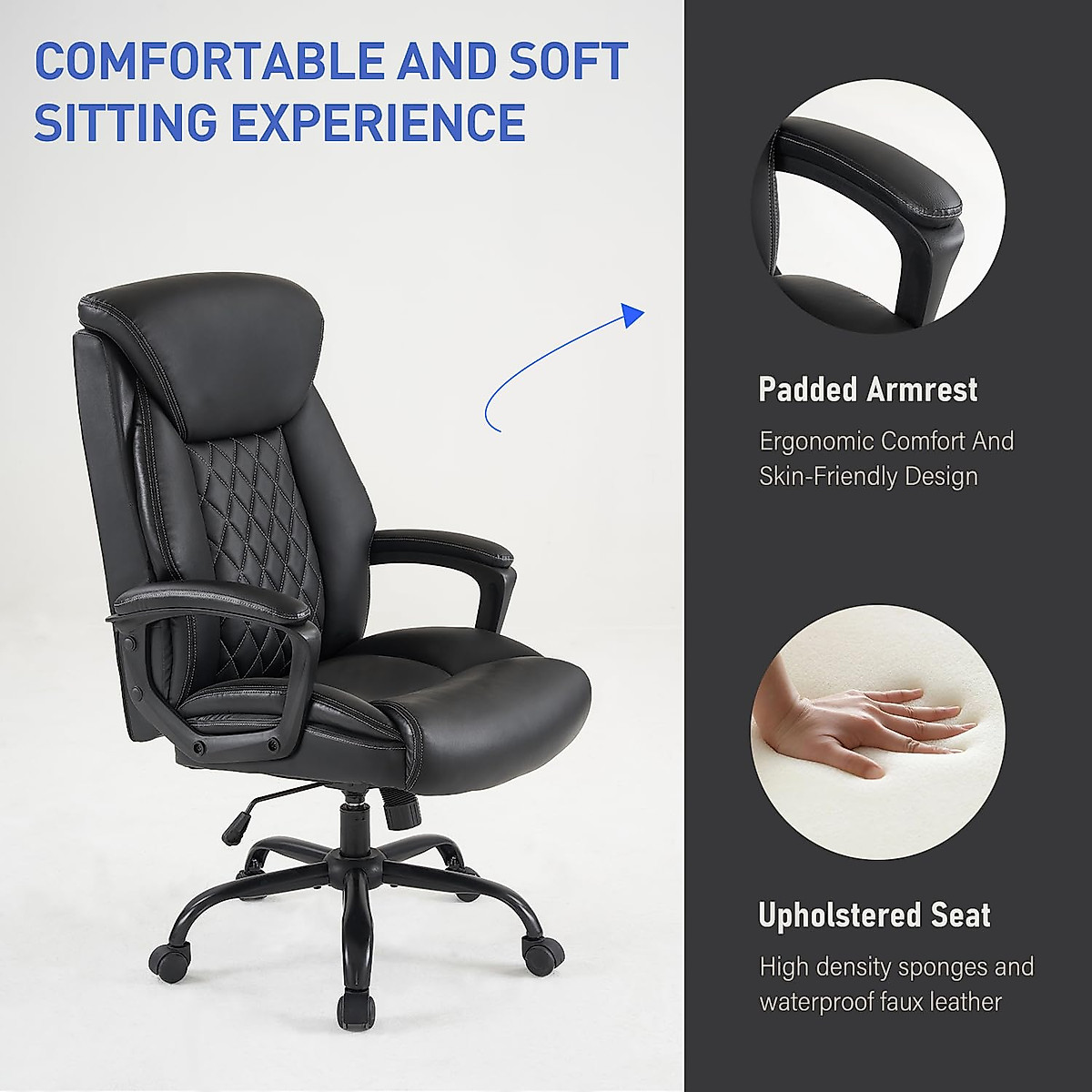 YEEFY High Back Executive Office Chair Ergonomic Desk Chair Rolling PU Leather Office Chair Heavy Duty Computer Chair Comfortable Home Office Desk Chairs with Wheels Arms Lumbar Support