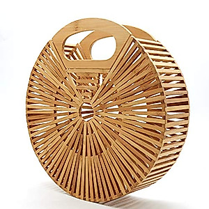 Miuco Women Bamboo Top-Handle Handbags Round Straw Beach Tote Bag Small