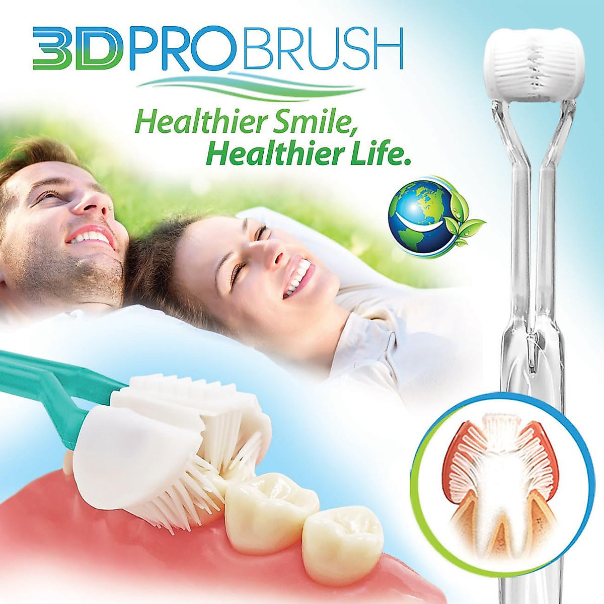 3D PRO BRUSH | NEW Crystal Clear 3-Sided Toothbrush | 3X Triple Clean + Soft Gum Massage | Built-In Tongue Scraper | Sustainable Eco-Friendly Design | Kids Adults Braces Travel | MADE IN USA