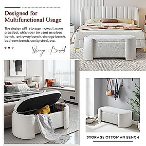 KINFFICT 43.4" Storage Ottoman Bench for Bedroom End of Bed, Upholstered Boucle Storage Bench, Modern Sherpa Benches Furniture with Safety Hinge for Entryway, Bedroom, Living Room, Teddy White