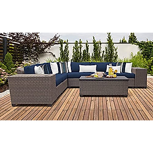 TK Classics Florence Sectional Seating Group with Cushions 9 Piece Outdoor Wicker Patio Furniture Set, Navy