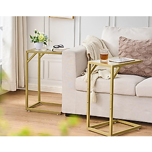 Homhedy C Shaped End Table Set of 2,Tempered Glass with Metal Frame, Small Side Tables for Living Room, Bedroom, TV Tray Table for Small Space, Modern Style, Golden