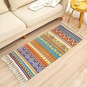 aoaoaoway Cotton Rug Soft Rug and Handwoven Fringe Rectangular Cotton Rug Tapestry Boho Kitchen, Living Room (Blue&Orange, 35.4 * 23.6)