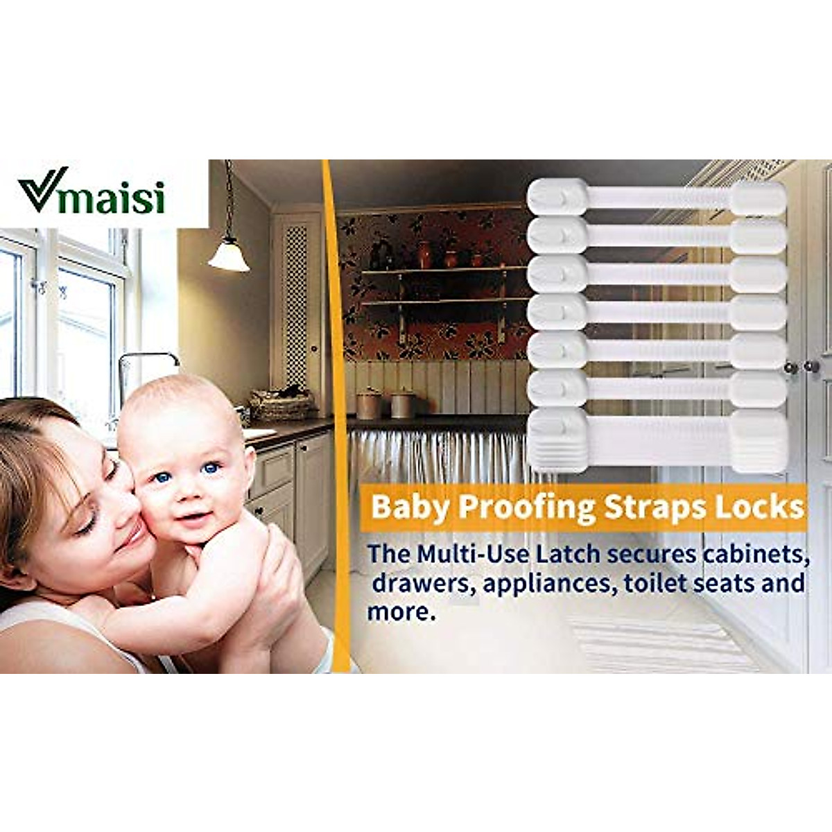 12 Pack Vmaisi Multi-Use Adhesive Straps Locks - Childproofing Baby Proofing Cabinet Latches for Drawers, Fridge, Dishwasher, Toilet Seat, Cupboard, Oven,Trash Can, No Drilling (White) (12)