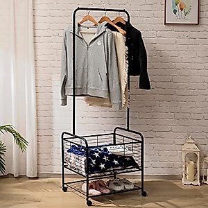 DOEWORKS Large Laundry Rolling Garment Cart for Lavatory, Metal Laundry Basket Sorters Garment Bulter Storage Rack with Wheels, Black