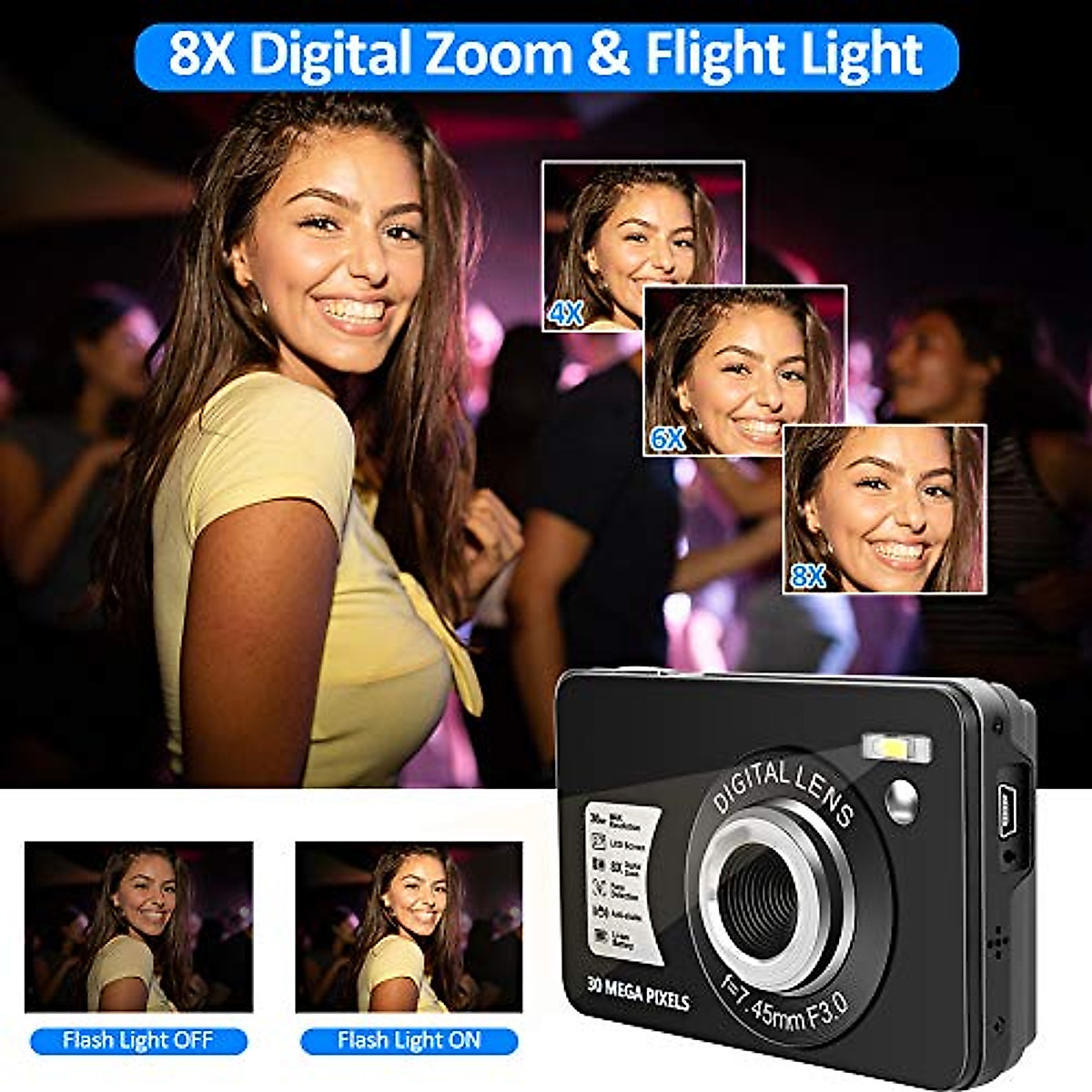 Digital Camera 30 Mega Pixels Student Camera Mini Camera 2.7 Inch HD 1080P Camera with 8X Digital Zoom Compact Camera