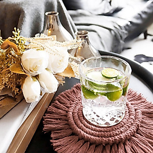 2 Pack Macrame Pink Coasters for Drinks, 7in Woven Boho Coaster Set, Handmade Absorbent Cotton Boho Coasters for Wooden Table Decor Boho Home Decor Housewarming Gift