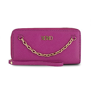 XOXO Women’s Wallet Small Magenta Saffiano Leather Sleek Zip Around With Chain And Wristlet