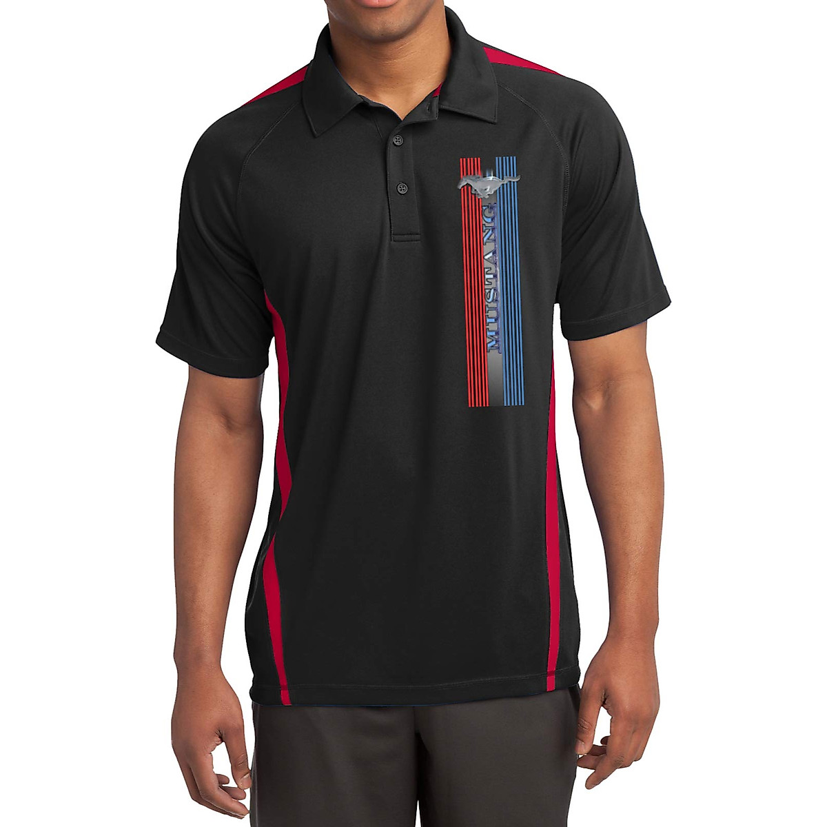Ford Mustang Tri Bar Pocket Print Colorblock Polo, Black Red XL