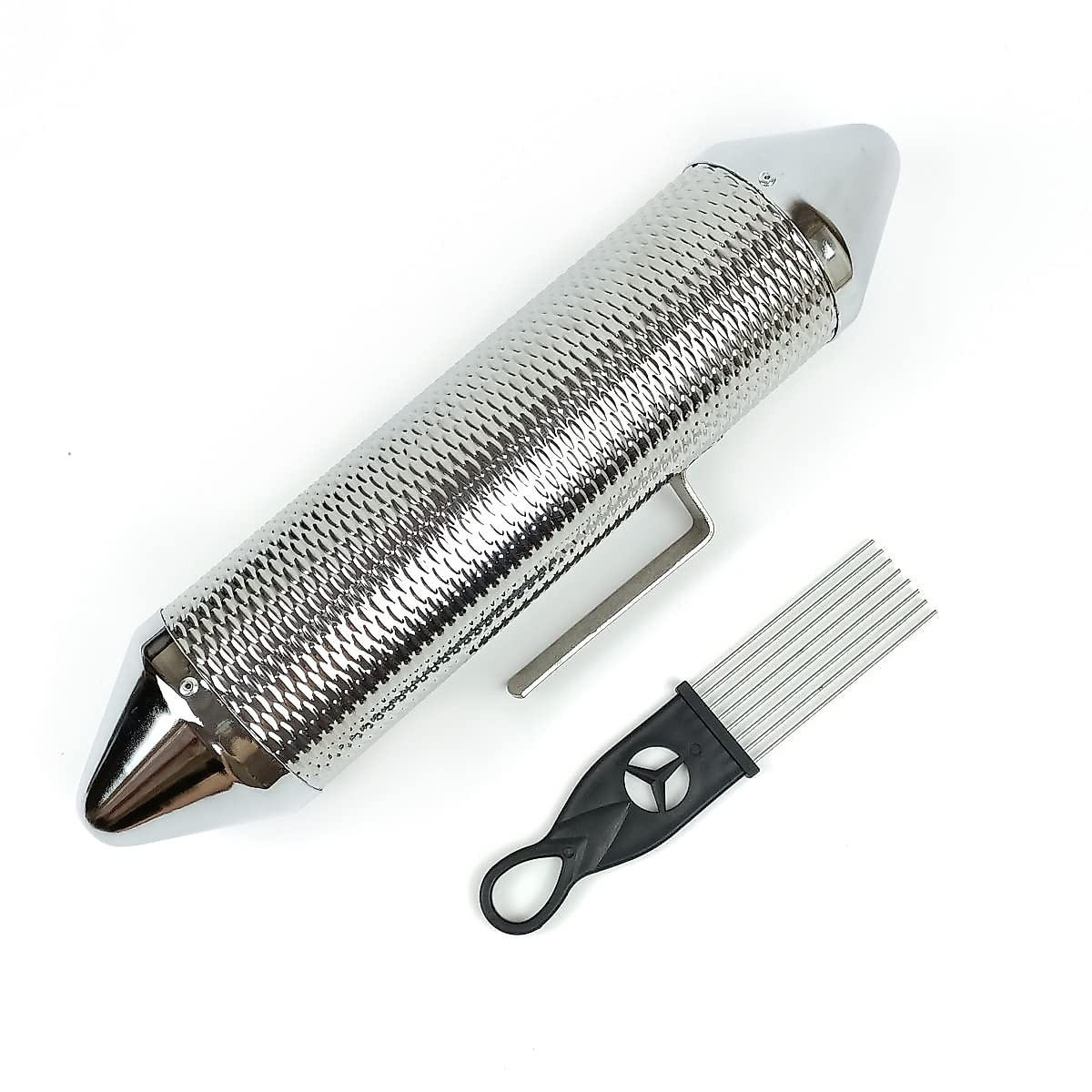 LOONELO Metal Guiro,Stainless Steel Guiro Percussion Instrument Training Tool with Scraper,Guiro Shaker Latin Percussion Musical Band Accompaniment (Silver-15X3inch)