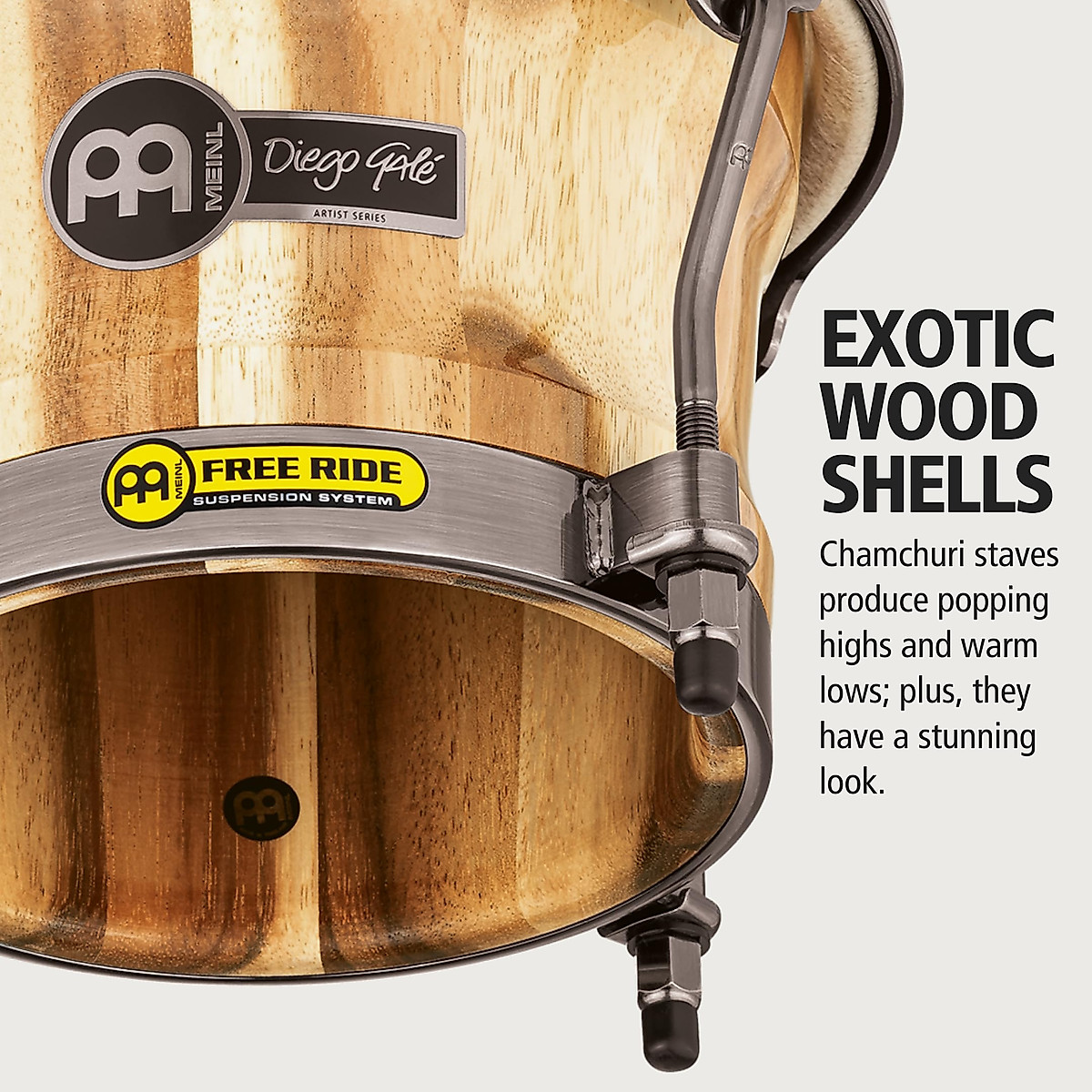 Meinl Percussion Bongos with Chamchuri Stave Shells, Diego Gale Signature — NOT Made in China — Natural Gloss Finish, Calf Skin Heads, 2-Year Warranty (DG400CW)