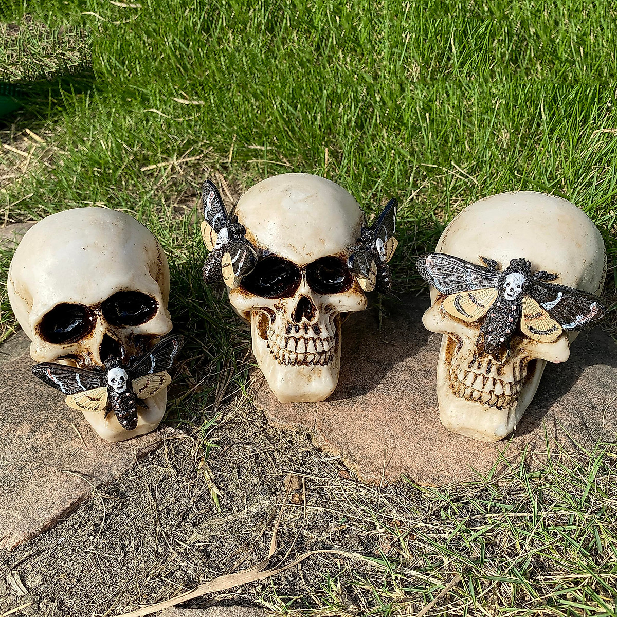 Basuo-9Q Pack of 3 Hear Speak See No Evil Resin Figurines Halloween Decoration Wise Skeletons Statues Black Reapers (Moth-Skulls)