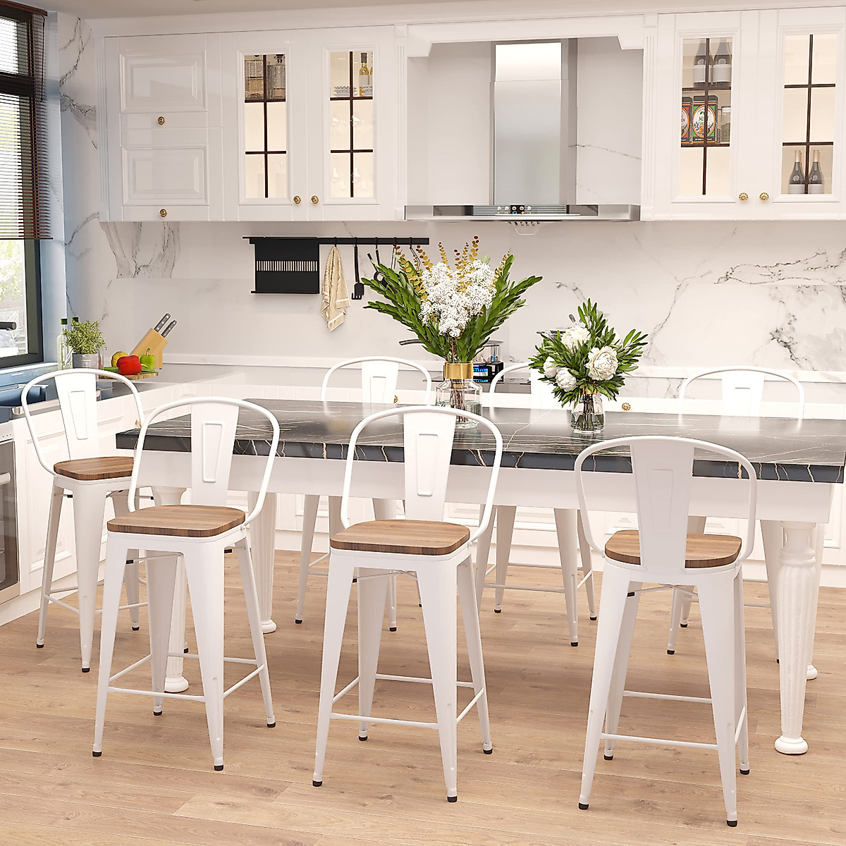 Aklaus Metal Bar Stools Set of 4, 24 inch Counter Height Bar Stools with Backs, Farmhouse Style, Larger Seat, High Back Kitchen Dining Chairs, Cream White Stool