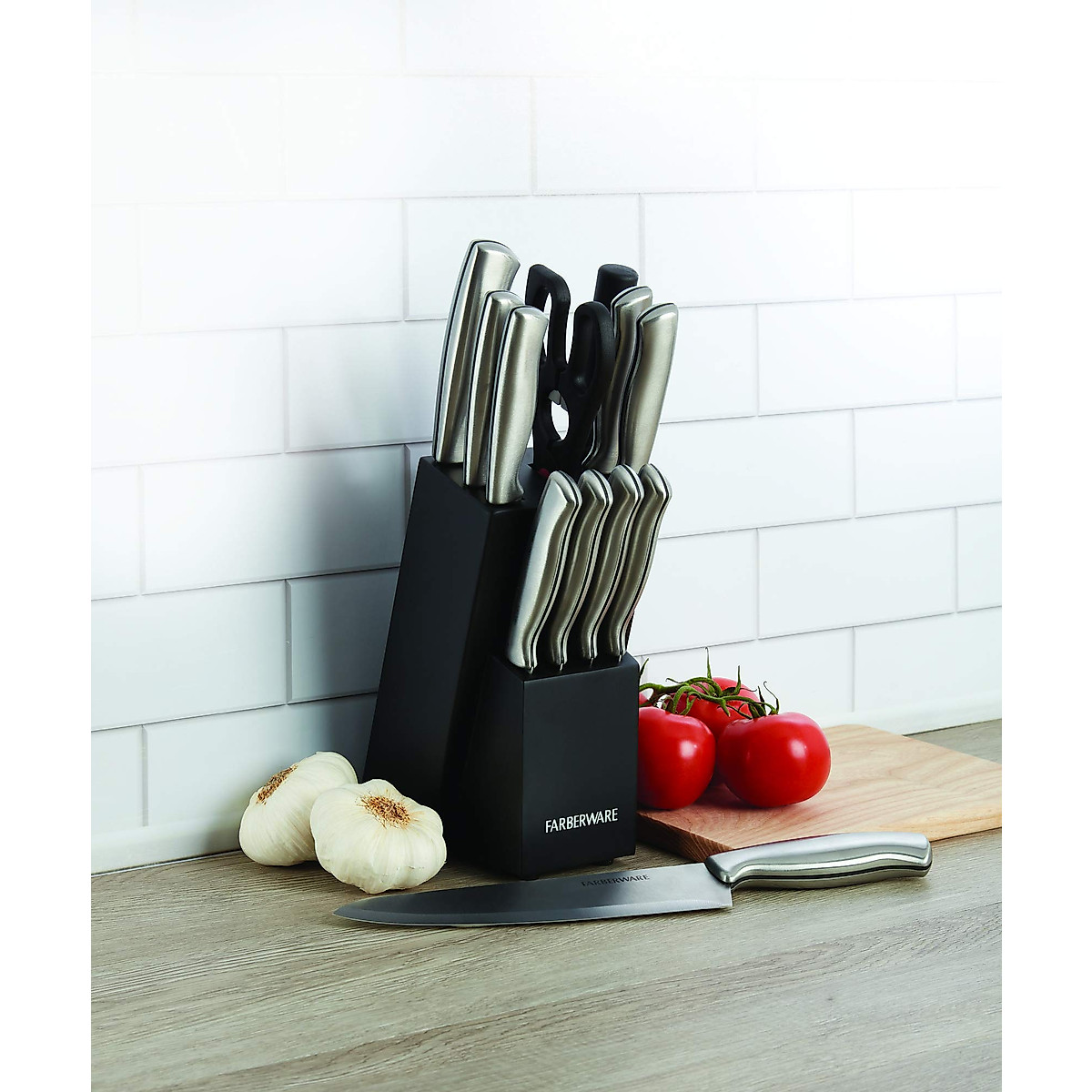 Farberware Fine Edge High-Carbon Stainless Steel Knife Block Set, 12-Piece, Black