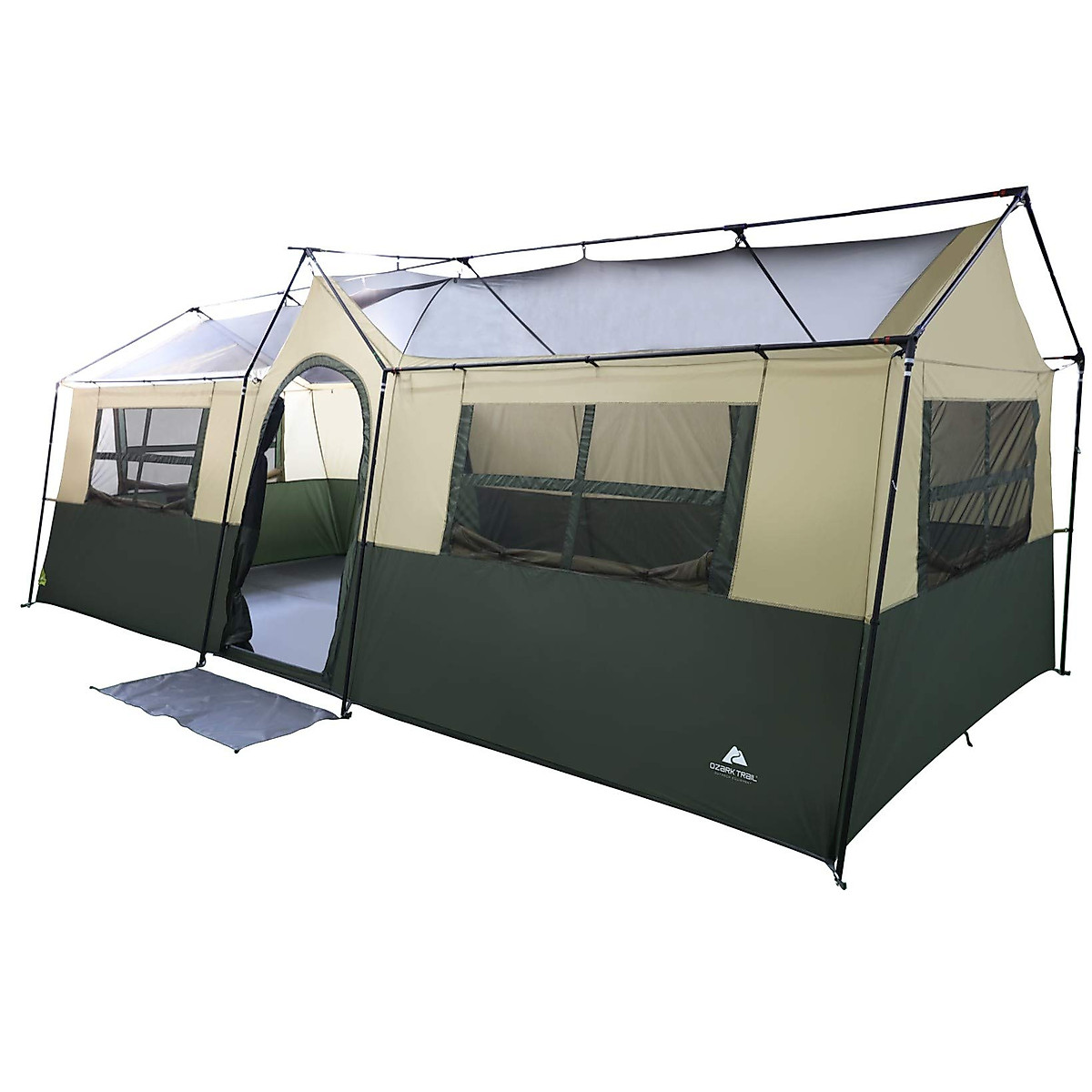 Spacious and Comfortable Ozark Trail Hazel Creek 12 Person Cabin Tent,with Two Closets with Hanging Organizers,Room Dividers,Mud Mat,E-Port and Rolling Storage Duffel for Convenience,Green