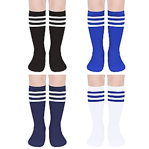 DOOVID Kids Toddler Soccer Socks Girls Boys Knee High Tube Socks Sport Uniform Stockings Black White, Navy, Royal Blue, White Blue