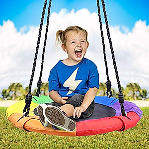 Odoland 24 inch Children Tree Swing, Outdoor Small Saucer Swing Platform Swing for Kid, Round Flying Swing wirh Adjustable Hanging Ropes for Backyard, 220lb Weight Capacity Great for 1-2 Kids