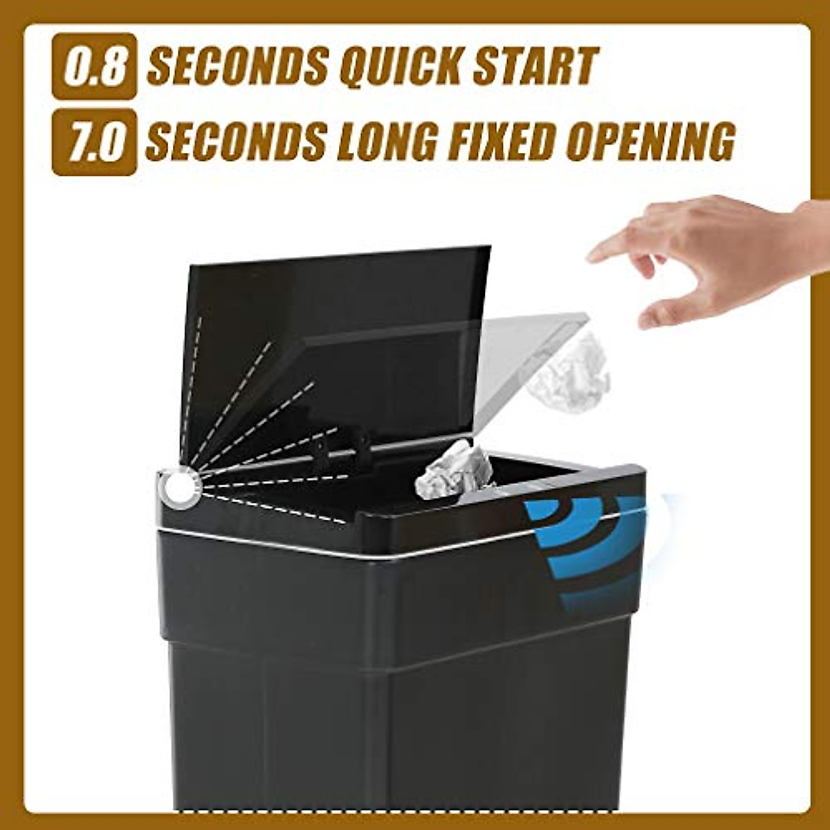 Vnewone 13 Gallon Trash Can Touch Free Automatic for Home, Kitchen, and Bathroom Garbage Plastic High-Capacity Garbage Can,Black