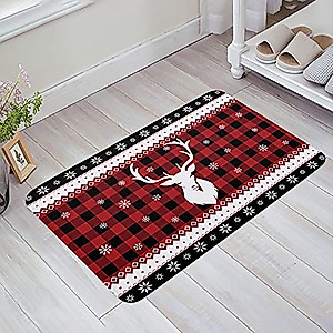 Christmas Bath Rugs Elk Deer Reindeer Snowflake Sponge Doormat Absorbent Non Slip Durable Soft Flannel Mat Red Buffalo Plaid Check Christmas Memory Foam Mats for Bathroom Kitchen 20 x 32 inches