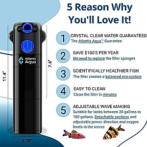 Atlantis Aqua™ Internal Filter for Aquarium | Fish Tank Filter | Fish Tank Filter 20 Gallon - 100 Gal, Crystal Clear Water & Healthy Fish Guaranteed | Submersible Aquarium Filter, Filter for Fish Tank