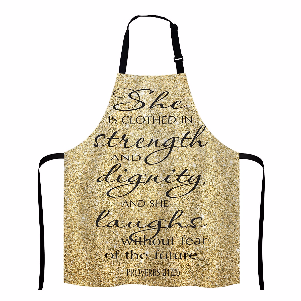 Lefolen Proverbs 31:25 Adjustable Bib Apron Bible Verse Gold Sparkles Glitter Pattern Print Cooking Kitchen Apron for Men Women