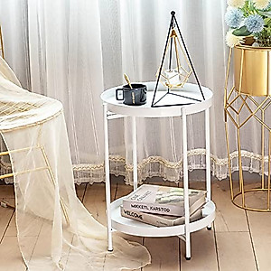 FUNME White Folding End Table 2-Tier Metal Round Side Table with Removable Tray for Living Room,(15.2”Dx20”H)