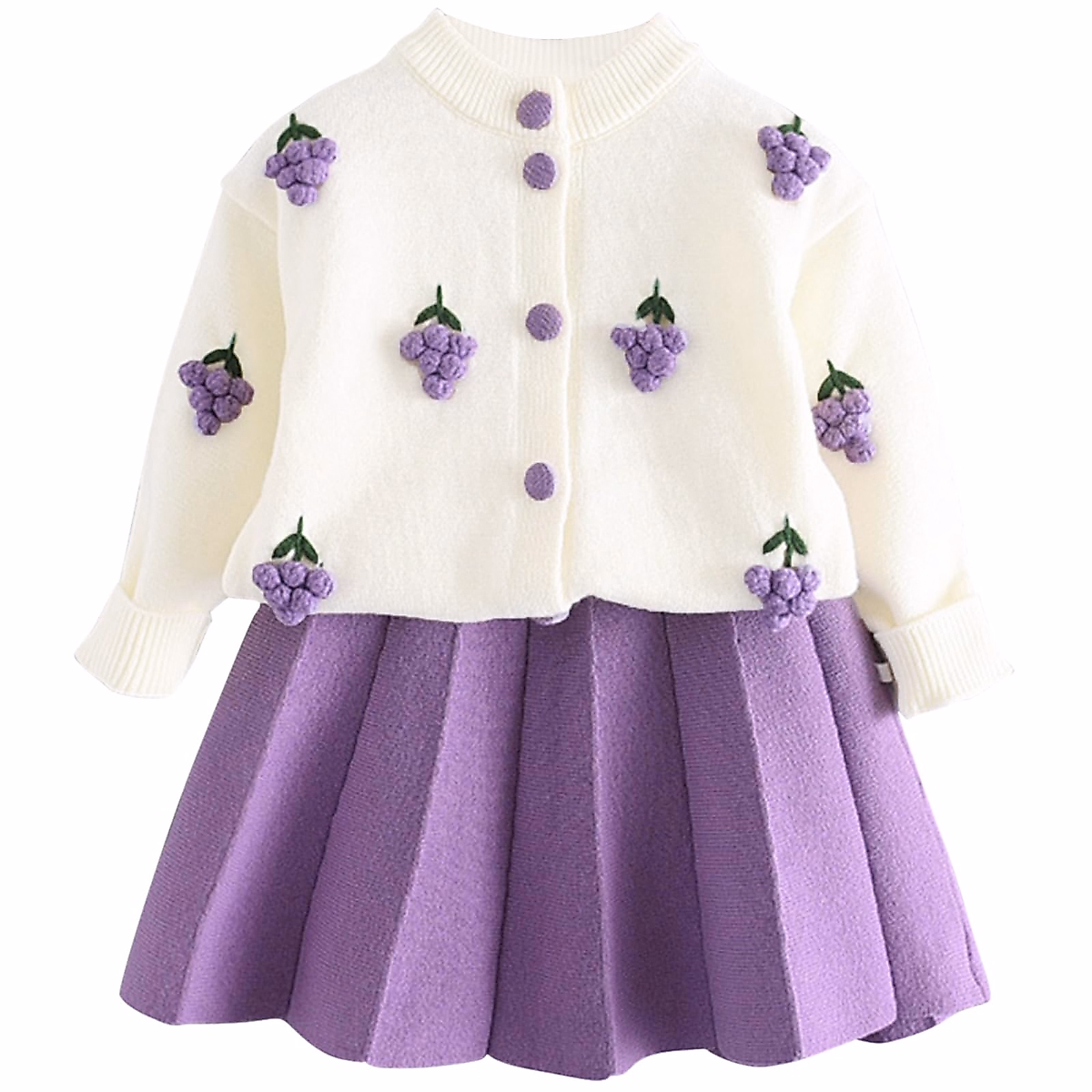 Balatale Toddler Girls Fall Outfits Buttons Sweater Tops Mini Skirt Set 2Pcs Long Sleeve Autumn Winter Clothes Set Purple 12-18Mth