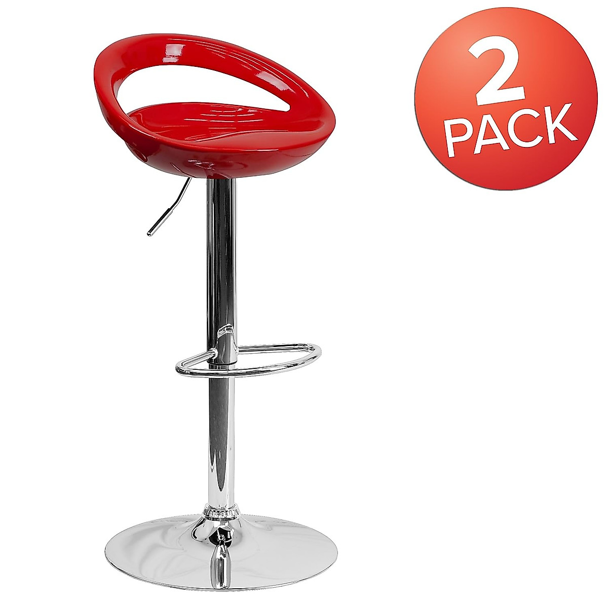 Flash Furniture Wilson 2 Pack Contemporary Red Plastic Adjustable Height Barstool with Rounded Cutout Back and Chrome Base