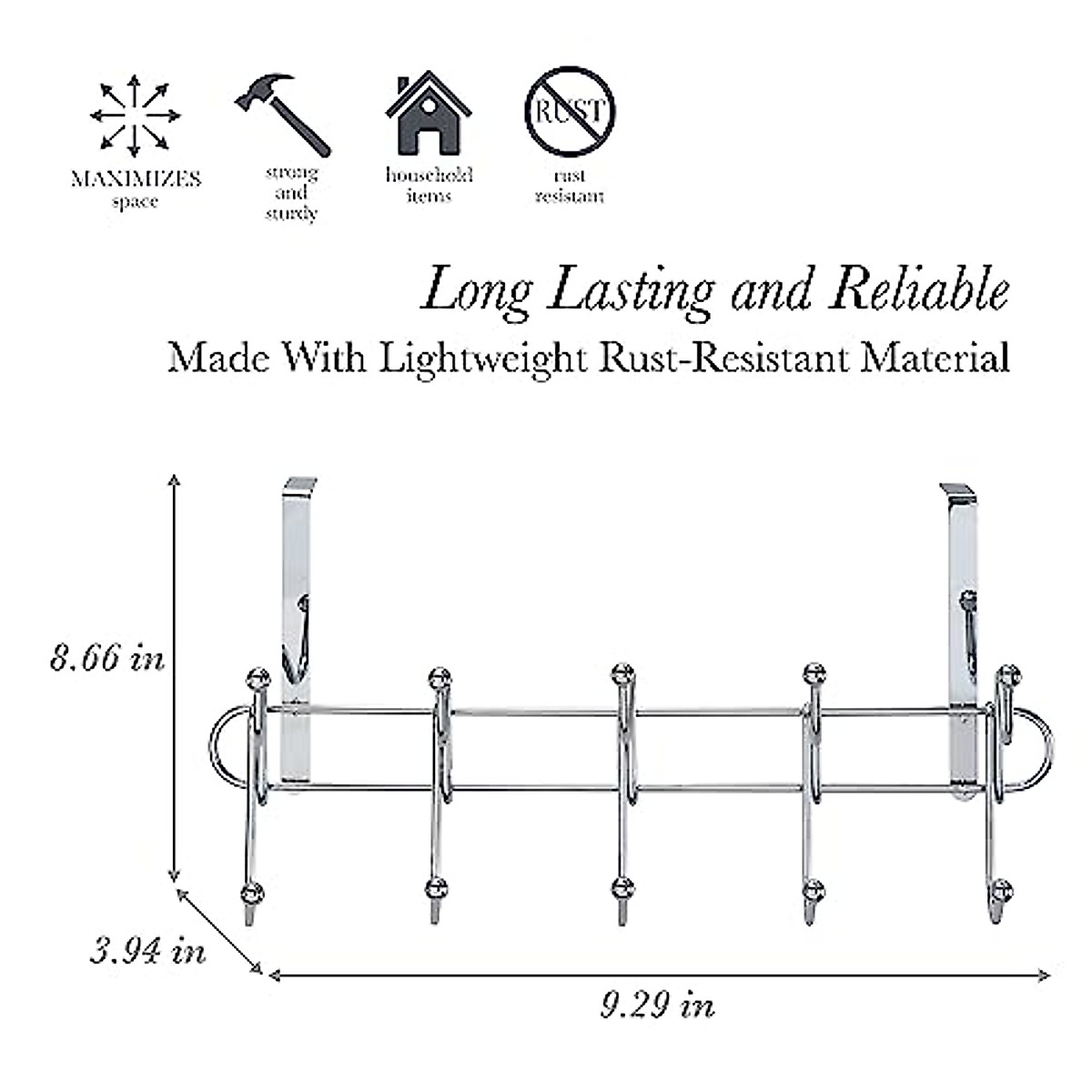 Simplify 10 Hanging Hook, Good for Towels, Jackets & Accessories, Fits Standard Doors, Chrome