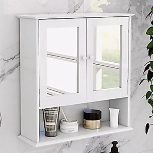Bathroom Medicine Cabinet Wall Mounted with Double Mirror Doors, Wooden Hanging Bathroom Cabinet with Doors and Shelves, Bathroom Wall Mirror Cabinet, Multipurpose Wall Mounted Storage Cabinet, White