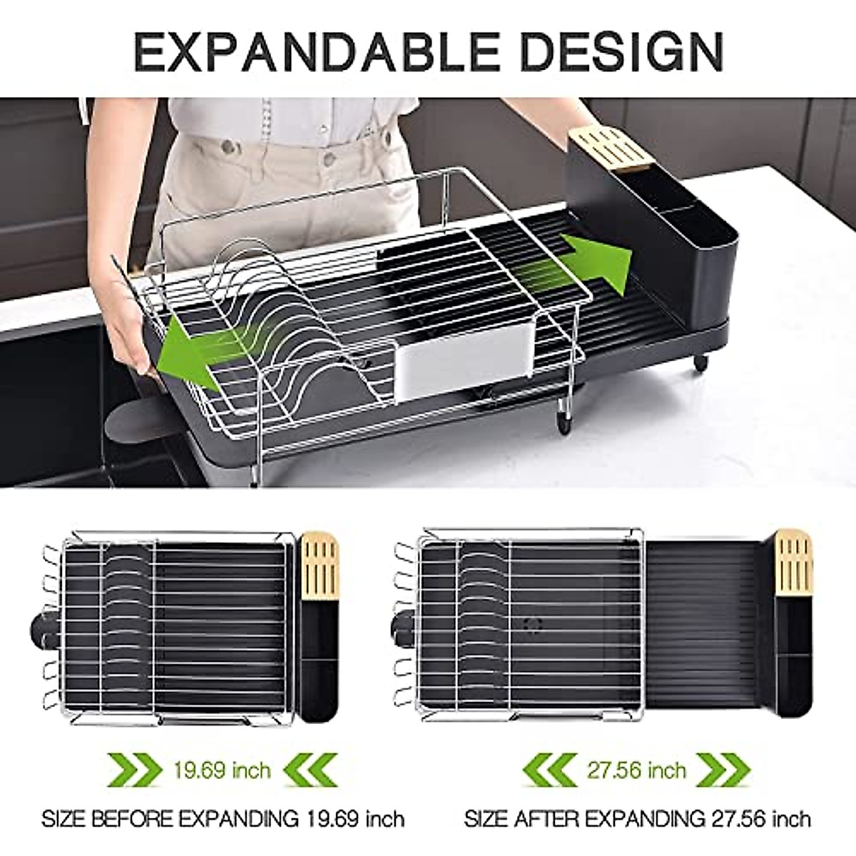 i-Home Drying Rack with Swivel Spout for Kitchen Counter or Sink, Expandable Dish Drainer Rack with Utensil Holder and Cup Holder (WK810439)