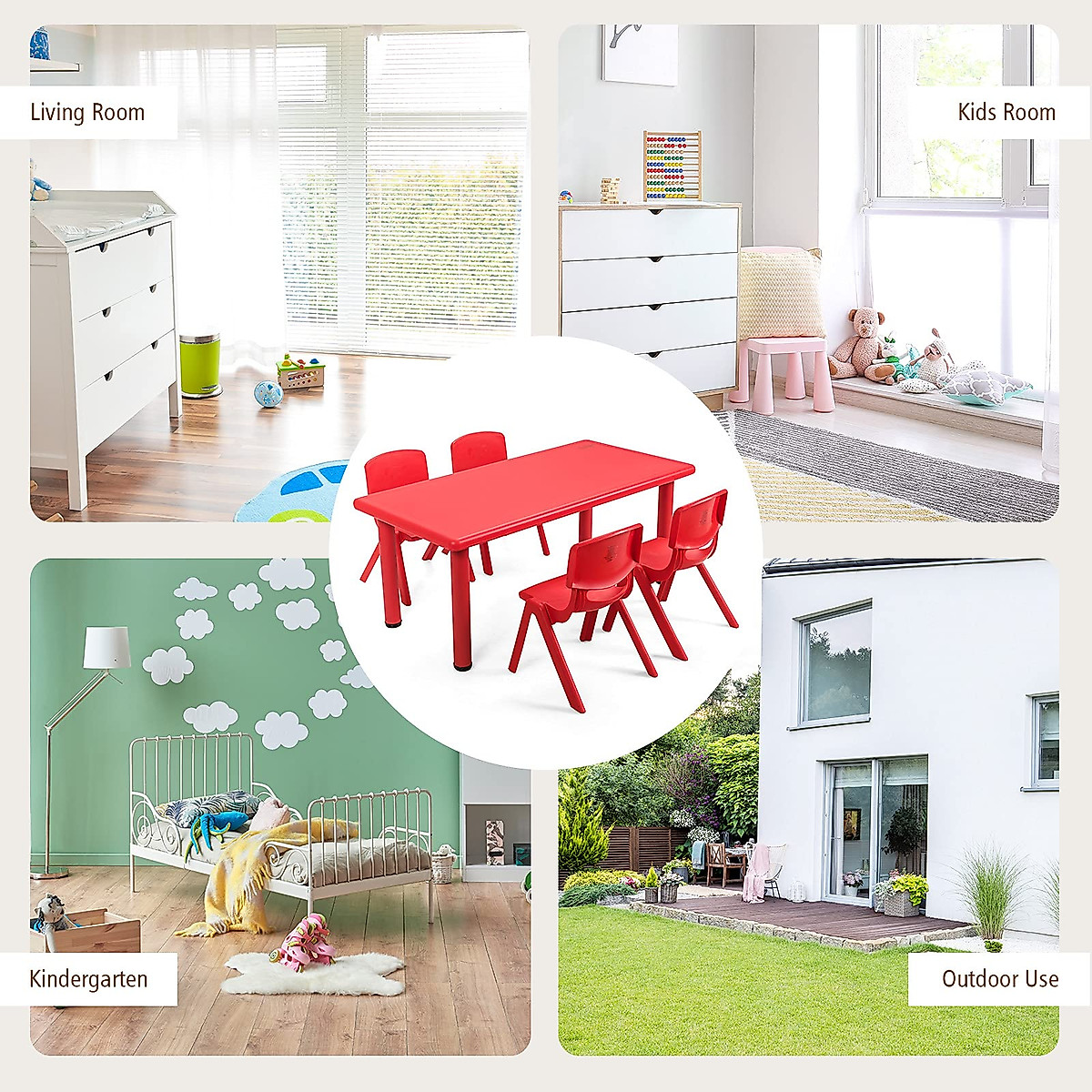 HONEY JOY Kids Table and 4 Chair Set, 48 x 24 Inch Children Rectangular Study Table with Stackable Seats, 4 Pcs Plastic Activity Toddler Furniture Set for Playroom Daycare, Gift for Boys Girls (Red)