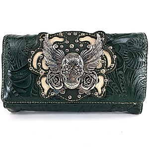 Zelris Sugar Skull Roses Angel Wing Women Crossbody Wrist Handle Trifold Wallet (Olive)
