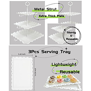 5 Pcs Cupcake Stand Set - Plastic Dessert Table Display Set, 2 White Square 3 Tier Cupcake Display Stands Cookie Tray Rack Serving Tower & 3X 14 in Plastic Trays for Wedding Baby Shower Tea Party