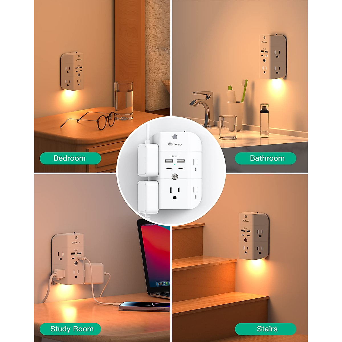 Outlet Extender with Night Light, 5-Outlet Surge Protector with 3 USB Charging Ports, 1800J Power Strip Multi Plug Outlets Wall Adapter Expander with Spaced Outlets for Home, School, Office