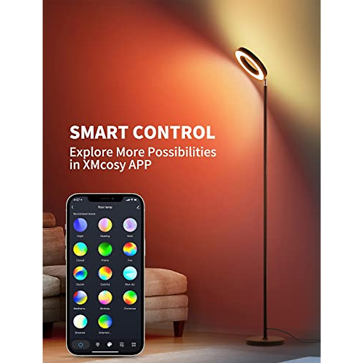 XMCOSY+ Floor Lamp, 2400LM Smart RGBW LED Standing Lamp with Modern Double-Side Lighting, WiFi APP Control, Works with Alexa, 2700K-6400K Color Changing Dimmable Tall Lamps for Living Room Bedroom