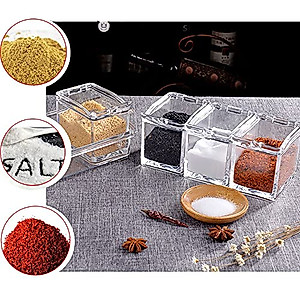 Clear Seasoning Box,4 Spice Jars Condiment Containers with Lids and 4Pcs Spoons 1Pcs Tray Seasoning Organizer for Salt, Sugar, Allspice, Cardamon, Cinnamon, Cloves, Mustard, Nutmeg, Pepper and Tumeric