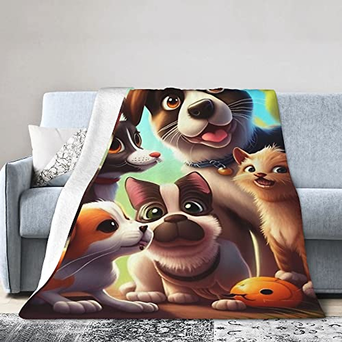 Pet Pals in The Grass - Flannel Fleece Blanket, Cat and Dog Printed, Ideal for Sofa, Bed, and Outdoor Camping, Soft and Comfortable, 50"x60"