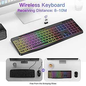 TECURS Wireless Keyboard Gaming- Light Up Keyboard Silent Ultra Slim Full Size, LED Computer Rechargeable Backlit 2.4G Keyboard with Multimedia Keys for Mac and Windows