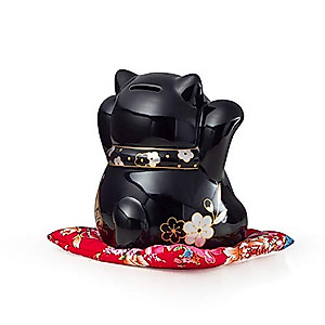 Gvuha Chinese Feng Shui White Ceramic Lucky Cat Figure Maneki Neko Fortune Cat Money Box Lucky Charm Piggy Bank Small 12x12x14CM(4.72x4.72x5.51Inch),Black,L