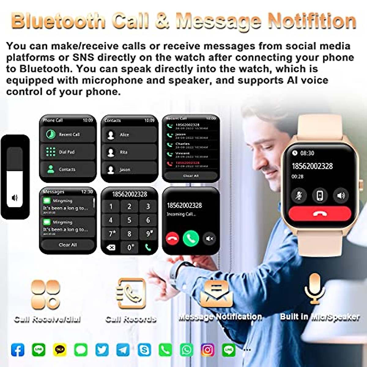 Smart Watch(Answer/Make Call), 1.96" Touch Screen Smartwatch for Android and iOS Phones with Heart Rate & Sleep Monitor, Blood Oxygen Tracking, IP68 Waterproof Fitness Tracker for Men and Women