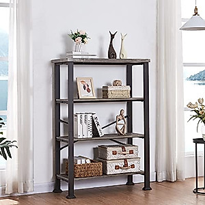 HOMBAZAAR Bookshelf, 4-Tier Vintage Industrial Book Shelf, Rustic Wood and Metal Bookcase and Bookshelves, Free Standing Storage Large Bookshelf for Living Room, Bedroom and Kitchen, Grey Oak