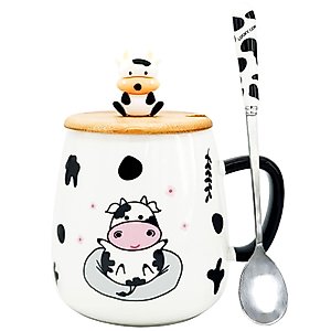 SZHTSWU Cute Animal Coffee Mug with Lid and Spoon, 420ml Cow Ceramic Coffee Cup, Breakfast Cups, Kawaii Drinking Cup with Handle for Latte, Milk, Cereal, Beverages (Happy Cow)