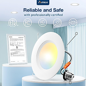 Amico 5/6 inch 5CCT LED Recessed Lighting 20 Pack, Dimmable, IC Rated, 12.5W=100W, 950LM Can Lights with Baffle Trim, 2700K/3000K/4000K/5000K/6000K Selectable, Retrofit Installation - ETL & FCC